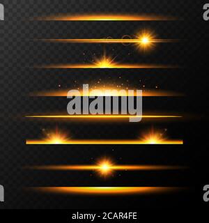 Shining line set. Golden realistic lens flare set. Collection of gold light effects on ...
