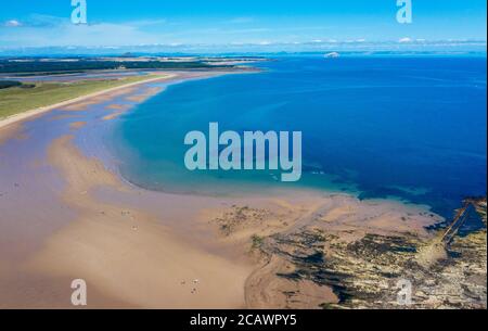 Aerial view of Belhaven Bay beach at Dunbar in East Lothian, Scotland ...
