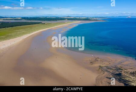 Aerial view of Belhaven Bay beach at Dunbar in East Lothian, Scotland ...