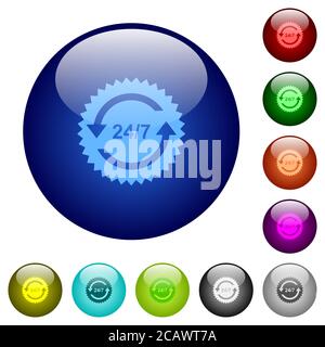 24 hours seven sticker with arrows flat icons on simple color square ...