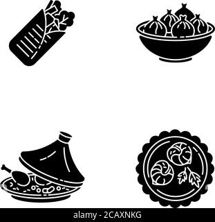 Shawarma black glyph icon. Arabian fast food. Meat wrapped with lettuce ...