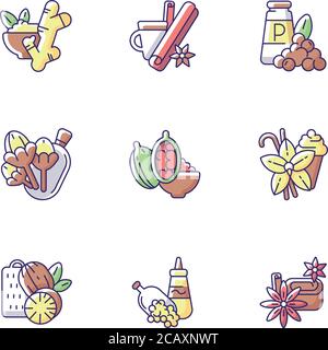 Asian spices RGB color icons set. Culinary herbs. Cooking ingredients ...