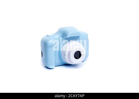 A blue toy childs digital camera with white background using selective ...