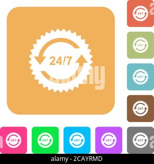 24 hours seven sticker with arrows flat icons on simple color square ...