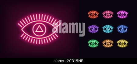 Neon magic eye icon. Glowing neon eye sign with circle iris, spiritual ...