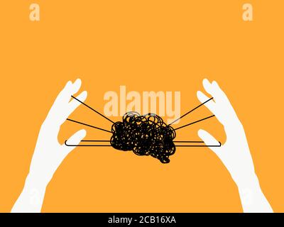 mental health concept. hands with black chaos line. brain like puppet ...