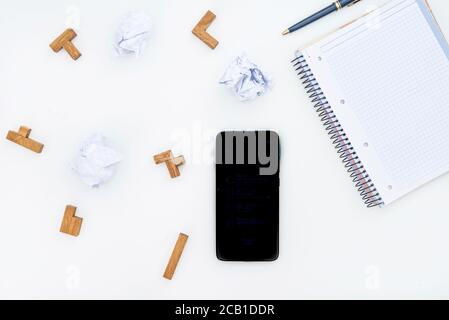 Puzzle, pencil, notebook, mobile and crumpled paper Stock Photo - Alamy