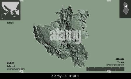 Diber, county of Albania. Colored elevation map with lakes and rivers ...