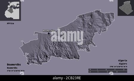 Boumerdes, province of Algeria. Elevation map colored in sepia tones ...