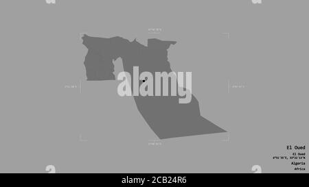 Zoom in on El Oued (province of Algeria) outlined. Oblique perspective ...