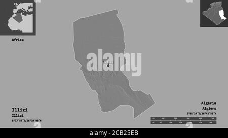 Illizi, province of Algeria. Bilevel elevation map with lakes and ...