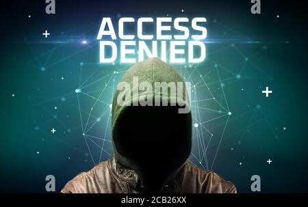 Mysterious hacker with ACCESS DENIED inscription, online attack concept ...