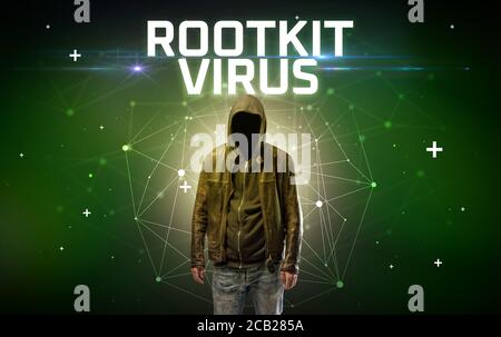 Mysterious hacker with ROOTKIT VIRUS inscription, online attack concept ...