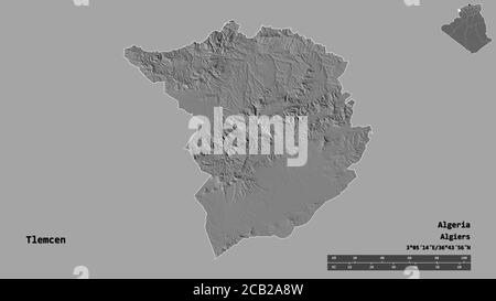 Tlemcen, province of Algeria. Bilevel elevation map with lakes and rivers. Locations and names ...