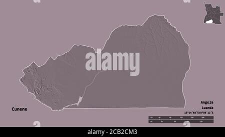 Cunene, province of Angola. Colored elevation map with lakes and rivers ...
