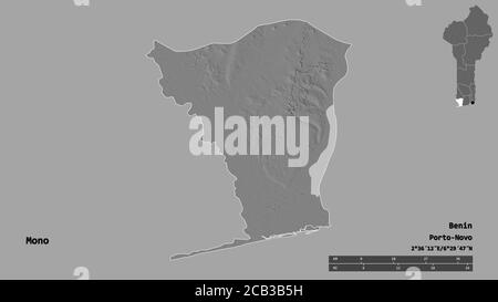 Mono, department of Benin. Bilevel elevation map with lakes and rivers ...