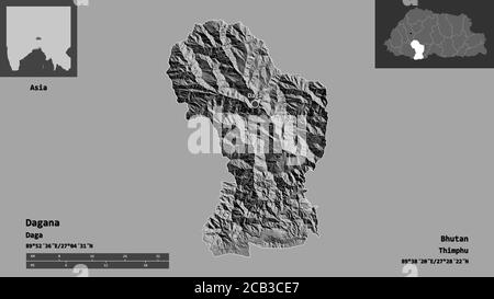 Dagana, district of Bhutan. Bilevel elevation map with lakes and rivers ...