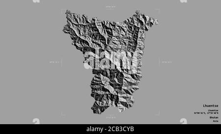 Lhuentse, district of Bhutan. Bilevel elevation map with lakes and ...