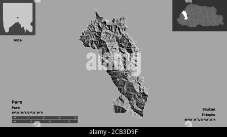 Paro, district of Bhutan. Bilevel elevation map with lakes and rivers ...