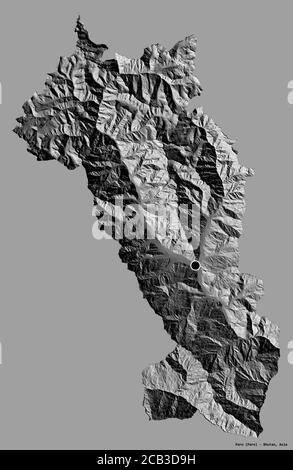 Paro, district of Bhutan. Bilevel elevation map with lakes and rivers ...