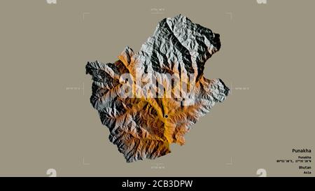 Zoom in on Punakha (district of Bhutan) outlined. Oblique perspective ...