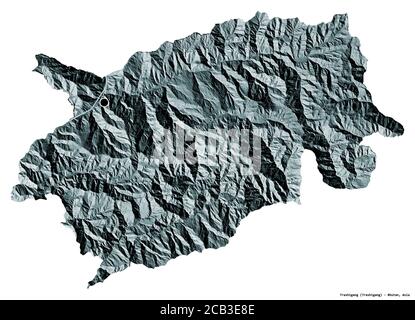Trashigang, district of Bhutan. Colored elevation map with lakes and ...