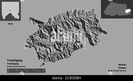 Trashigang, district of Bhutan. Bilevel elevation map with lakes and ...