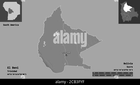El Beni, department of Bolivia. Bilevel elevation map with lakes and ...