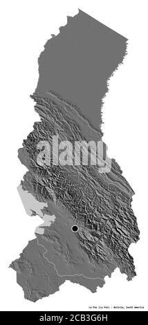 La Paz, department of Bolivia. Bilevel elevation map with lakes and rivers. Locations and names ...