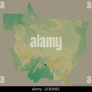 Mato Grosso, state of Brazil. Solid color shape. Locations of major ...