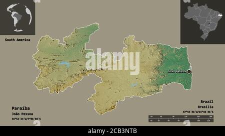 Shape of Paraíba, state of Brazil, and its capital. Distance scale ...