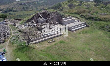 Aerial view of a pyramid ruins in the Teocaltitan excavation site, a ...