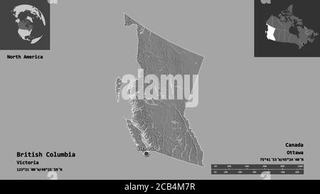 British Columbia, province of Canada. Bilevel elevation map with lakes ...