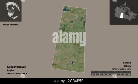 Shape of Saskatchewan, province of Canada, and its capital. Distance ...