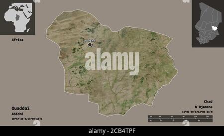 Shape of Ouaddaï, region of Chad, with its capital isolated on a solid color background ...