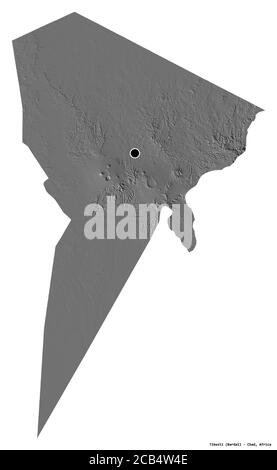 Shape of Tibesti, region of Chad, with its capital isolated on white ...
