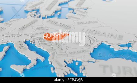 Hungary highlighted on a white simplified 3D world map. Digital 3D ...