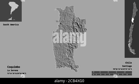 Shape of Coquimbo, region of Chile, with its capital isolated on white ...