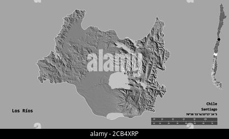 Los Rios, region of Chile. Bilevel elevation map with lakes and rivers ...