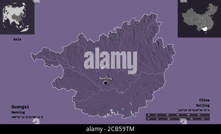 Guangxi. An autonomous region of China. A 3D rendering of a shaded ...