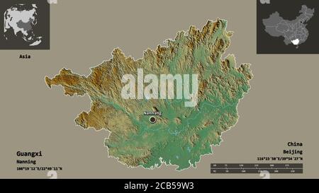 Guangxi. An autonomous region of China. A 3D rendering of a shaded ...