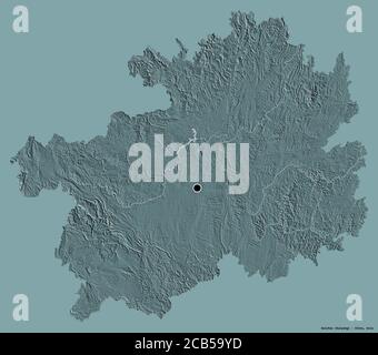 Guizhou, province of China. Colored elevation map with lakes and rivers ...