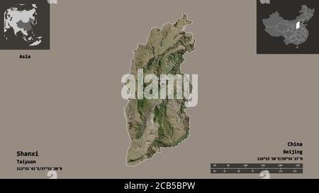 Shape of Shanxi, province of China, with its capital isolated on white ...