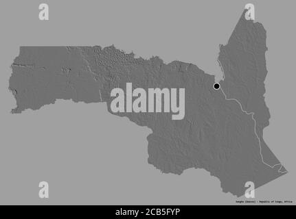 Sangha, region of Republic of Congo. Bilevel elevation map with lakes ...