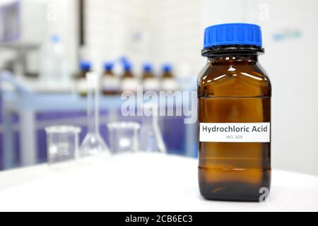 A bottle of concentrated hydrochloric acid (HCl) as used in a UK ...