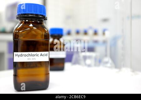 A bottle of concentrated hydrochloric acid (HCl) as used in a UK ...