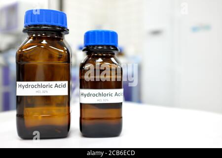 A bottle of concentrated hydrochloric acid (HCl) as used in a UK ...