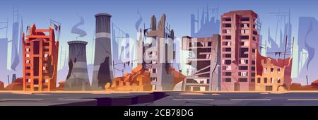 Cartoon apocalyptic city landscape with destroyed building on fire ...