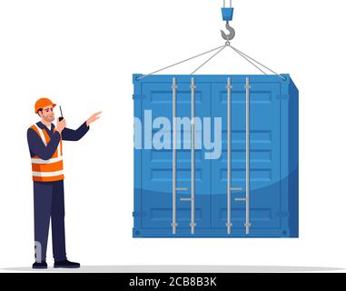 Dock worker semi flat vector illustration. Loading freight container ...