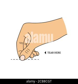 Open here line icon. A hand removing a label from the product. Vector ...